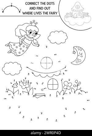 Vector dot-to-dot and color activity with fairy riding a unicorn ...