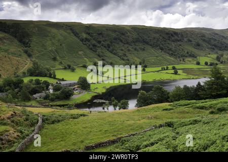 Calm view over Watendlath Tarn and the Watendlath fells; Lake District ...