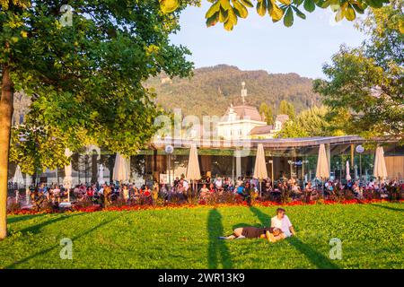 Bregenz: house restaurant „Welle“ at harbor in Bodensee (Lake Constance ...