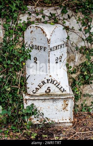 Old metal milestone in Gabalfa, Wales showing distances to Cardiff ...
