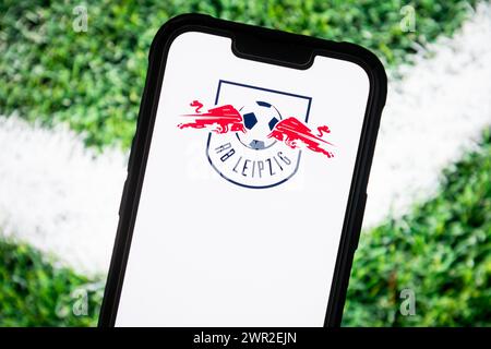 In this photo illustration, a RB Leipzig football club logo seen ...