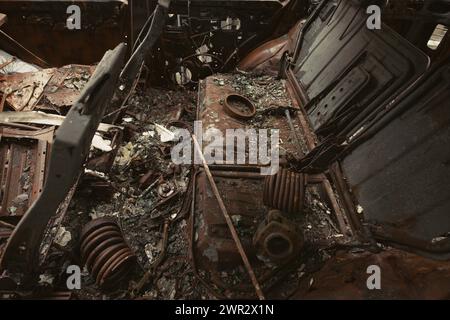 Totaly burned debris of vehicle absolutely damaged by fire Stock Photo ...