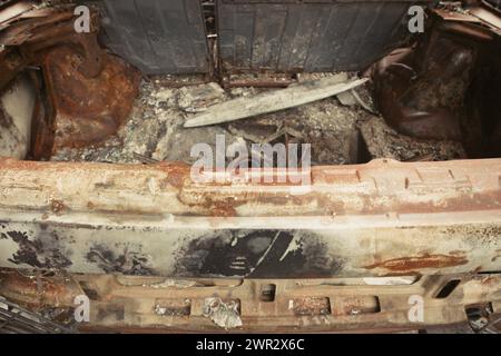 Totaly burned debris of vehicle absolutely damaged by fire Stock Photo ...
