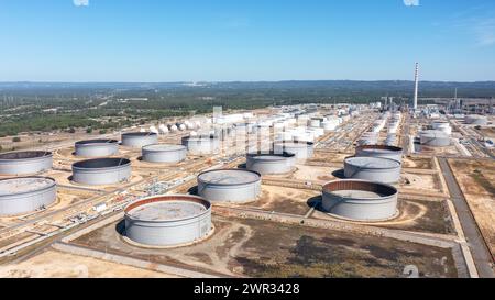 Portugal Sines oil terminal storage tanks, aerial view, oil and gas ...