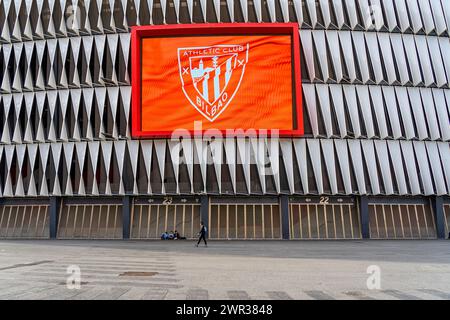 Exterior structure of the Bilbao athletic stadium with logo on the ...