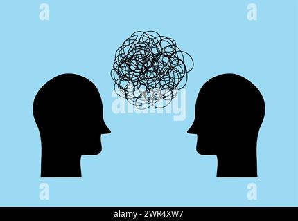 Two heads of people with confused thoughts in their heads are talking ...