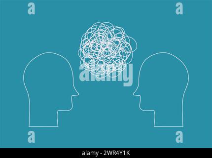 Two heads of people with confused thoughts in their heads are talking ...