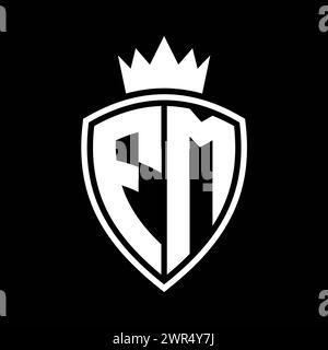 FM Letter bold monogram with shield and crown outline shape with black and white color design ...