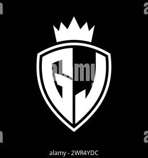 GJ Letter bold monogram with shield and crown outline shape with black and white color design ...