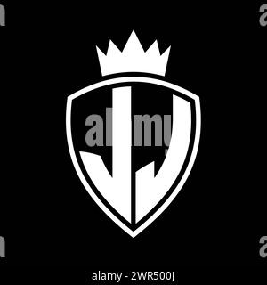 JJ Letter bold monogram with shield and crown outline shape with black and white color design ...