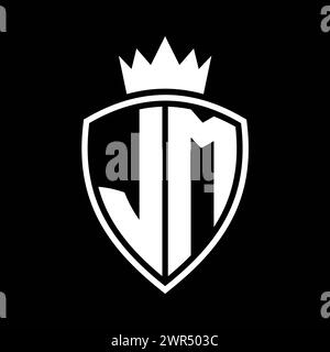 JM Letter bold monogram with shield and crown outline shape with black and white color design ...