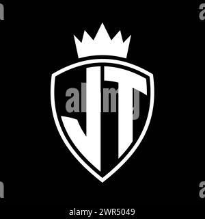 JT Letter monogram with shield shape with crown black and white color design template Stock ...