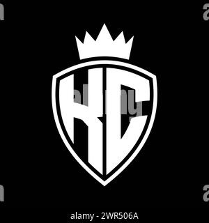 KC Letter bold monogram with shield and crown outline shape with black ...