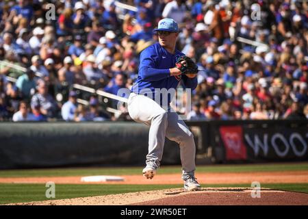 Chicago Cubs pitcher Jordan Wicks throws against the Los Angeles Angels ...
