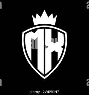 MX Letter bold monogram with shield and crown outline shape with black and white color design ...