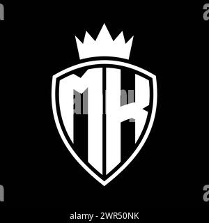 MK Letter bold monogram with shield and crown outline shape with black ...