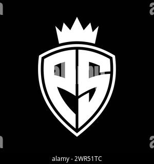 PS Letter bold monogram with shield and crown outline shape with black and white color design ...