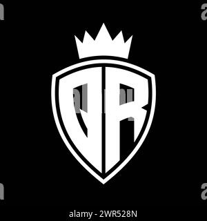 QR Letter bold monogram with shield and crown outline shape with black ...