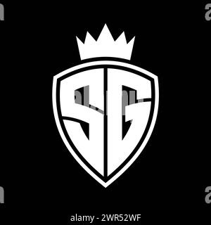 SG Letter bold monogram with shield and crown outline shape with black and white color design ...