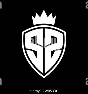 SZ Letter bold monogram with shield and crown outline shape with black and white color design ...