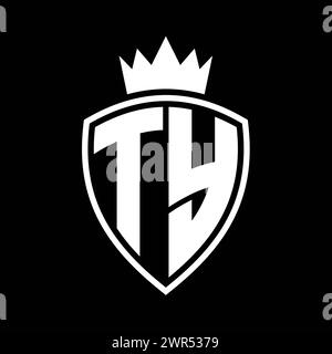 TY Letter bold monogram with shield and crown outline shape with black and white color design ...