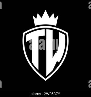 TW Letter bold monogram with shield and crown outline shape with black and white color design ...