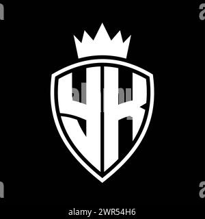 YK Letter bold monogram with shield and crown outline shape with black and white color design ...