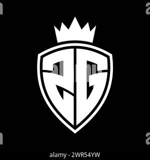 ZG Letter bold monogram with shield and crown outline shape with black and white color design ...