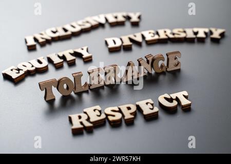 Diversity, inclusion, fairness, equity and harmony text on wooden ...