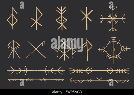 Set golden nordic celtic runes borders, norse protection symbols line ...