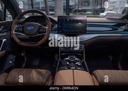 Interior, cockpit, steering wheel of BYD Seal 2024 Electric Car, SUV ...