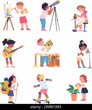 Children hobbies set with music painting sport cooking and designing ...
