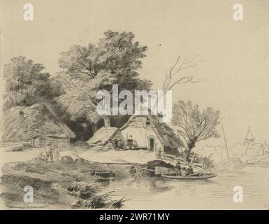 Farm on the water. A farm next to a row of the water, two boats on the ...