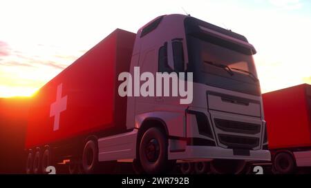 Cargo trucks with Switzerland flag. Trucks from Swiss loading or ...
