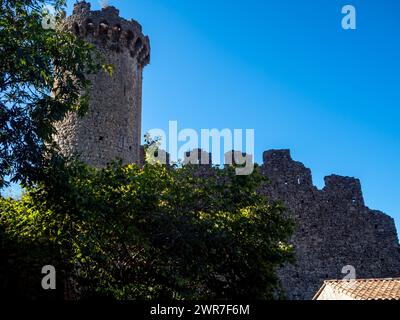 medieval castle and fortifications in little village in Southern French ...
