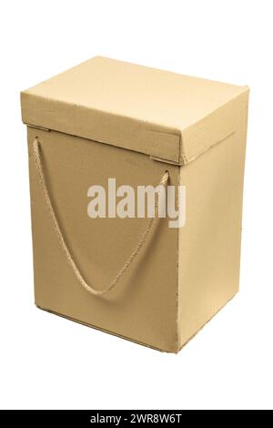 Rectangular cardboard box with rope lid and handles. Closed box isolate ...