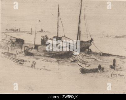 Two ships with swords on the beach, Frans Hens, 1866 - 1910 print paper ...