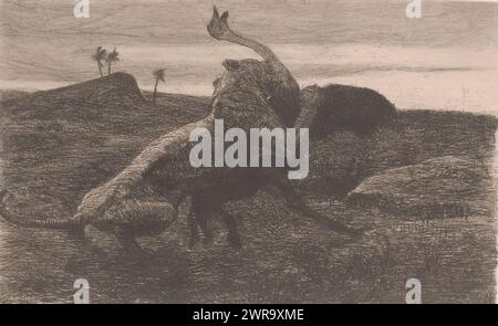 Fight between a lion and an ostrich, Eugène van Hove, 1892 print paper ...