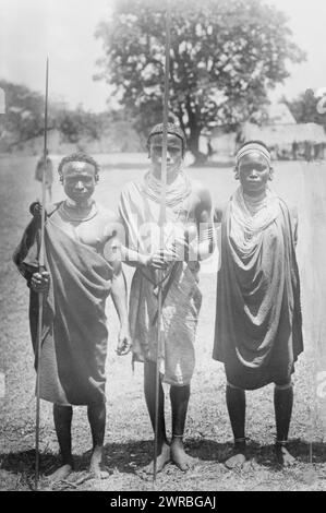 Three Nandi warriors full-length portrait, standing, facing front ...