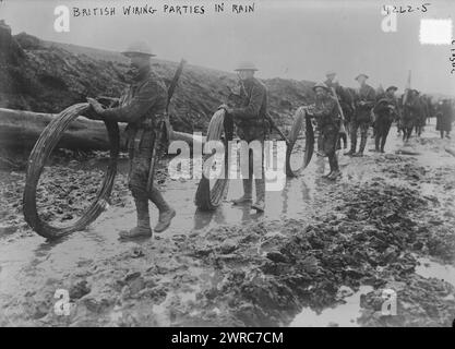 A photograph of British wiring parties during a rainy period, possibly ...