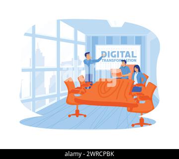 Company staff shows boss the future direction of the company with ...