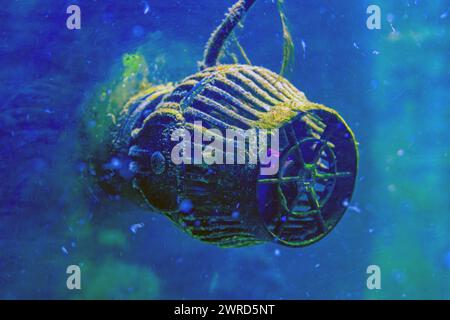 pipe covered in green algae floating in a body of water. The algae ...