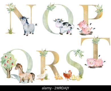Watercolor farm animals letters Stock Photo - Alamy