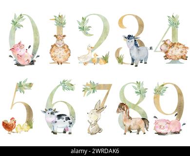Watercolor farm animals numbers Stock Photo - Alamy