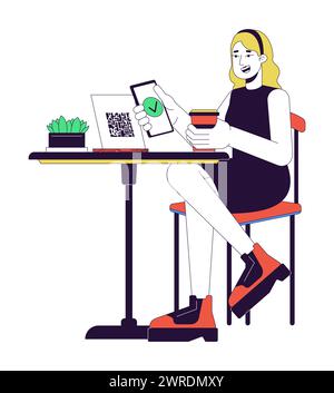 Female cafe customer scanning qr code black and white 2D line cartoon ...