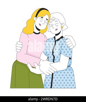 Caucasian elderly mother daughter hugging black and white 2D line ...