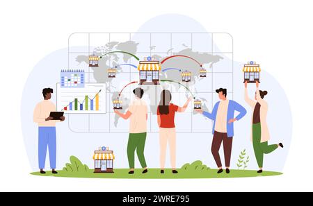 Global franchise expansion concept with stores linked across a world ...