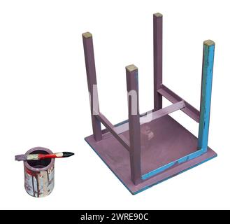 Obsolete paint brush on wooden board top view construction concept ...