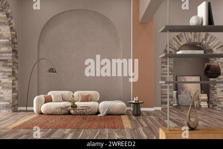 Cozy home interior in pastel colors with hardwood flooring on arch wall ...