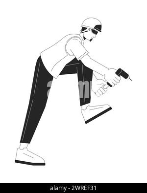 Caucasian male engineer holding cordless screwdriver 2D linear cartoon ...